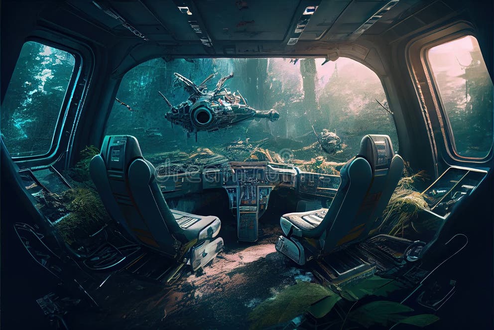 Crashed Abandoned Spaceship, Empty Overgrown Cabin, Generative AI Stock Illustration ...