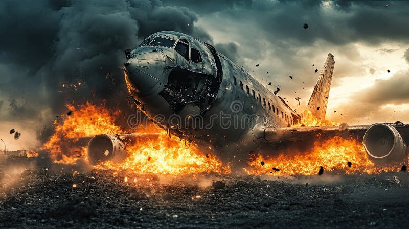 Crashed Airplane Burning in Flames and Thick Smoke with Pixelated ...