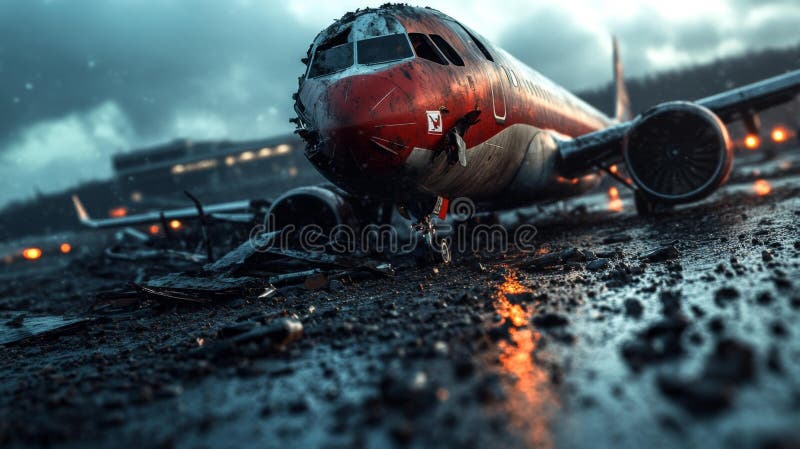 A Crashed Airplane with Severe Damage and Scattered Debris on the ...