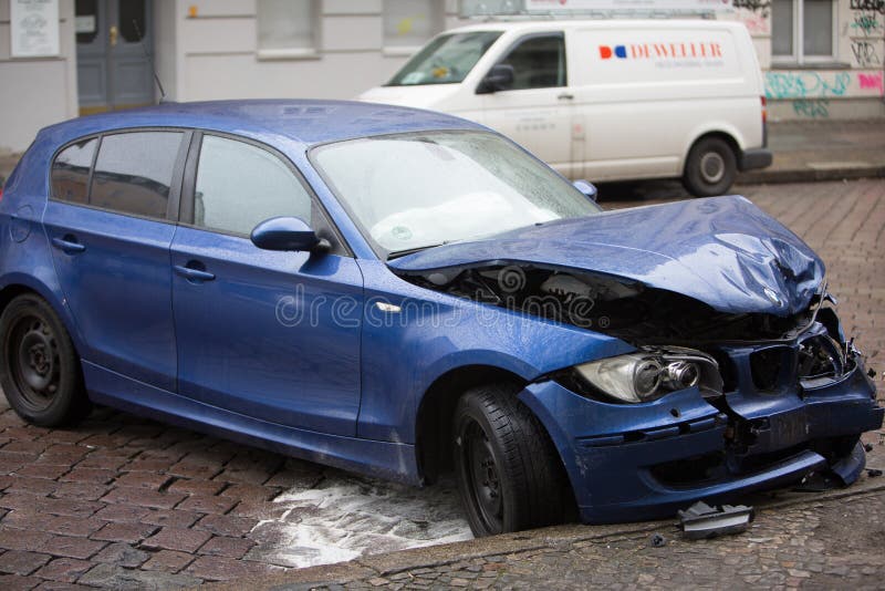 Car After Crash, Crashed Blue Car, Accident Stock Photo - Image of ...
