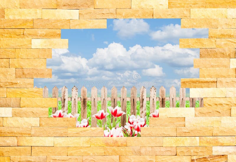 Crashed Brick Wall with Landscape Behi Stock Illustration ...