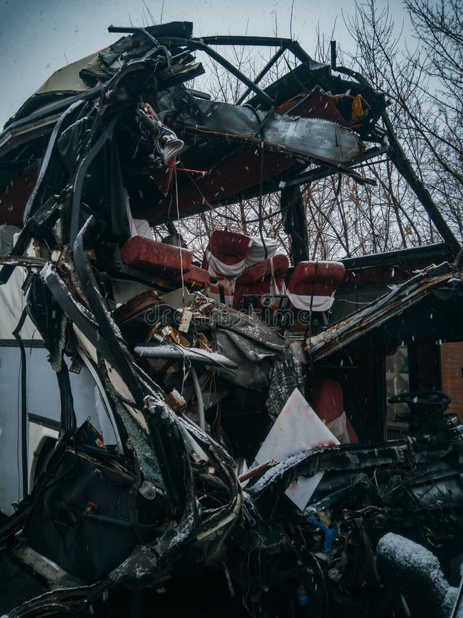 Crashed Bus after Collision. Broken Bus for Scrap Metal Stock Photo ...