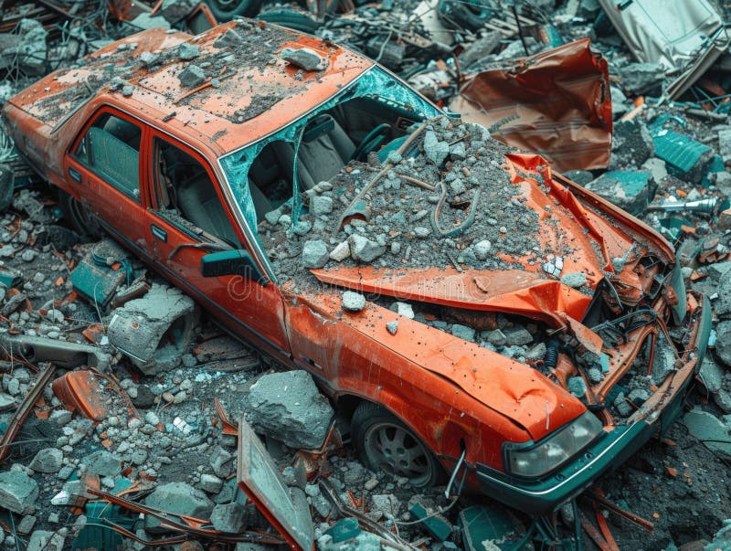 Crashed Car Buried Under Rubble and Debris after a Disaster Stock Photo ...
