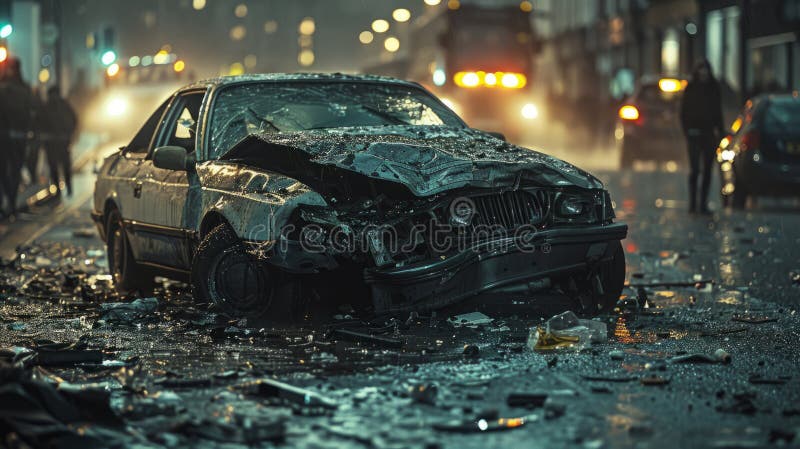 A Crashed Car on a City Street at Night Stock Photo - Image of disaster ...