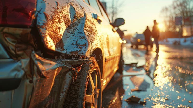 A Crashed Car on a Road at Sunset Stock Photo - Image of repair ...