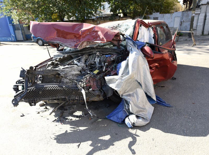 Crashed car, Car on the street badly damaged in a