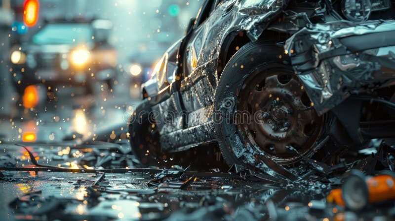 A Crashed Car on the Street at Night Stock Image - Image of caution ...