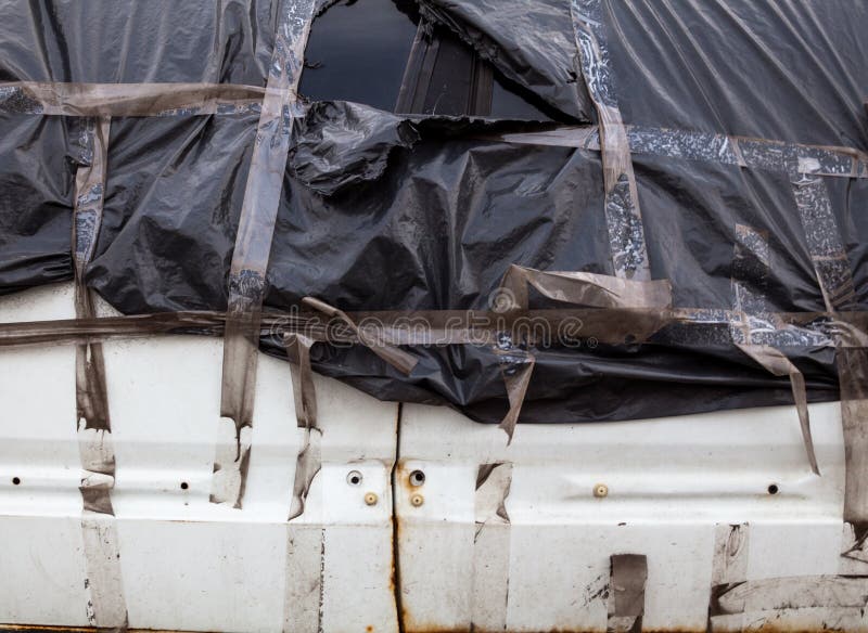 Crashed Car Wrapped in Plastic Sheeting Stock Image - Image of accident ...
