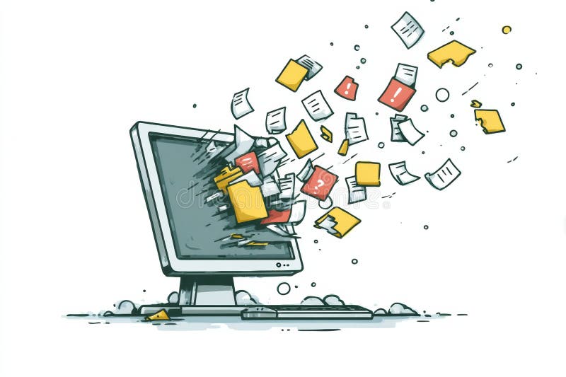 Crashed Computer with Flying Files and Exclamation Marks in a Chaotic ...