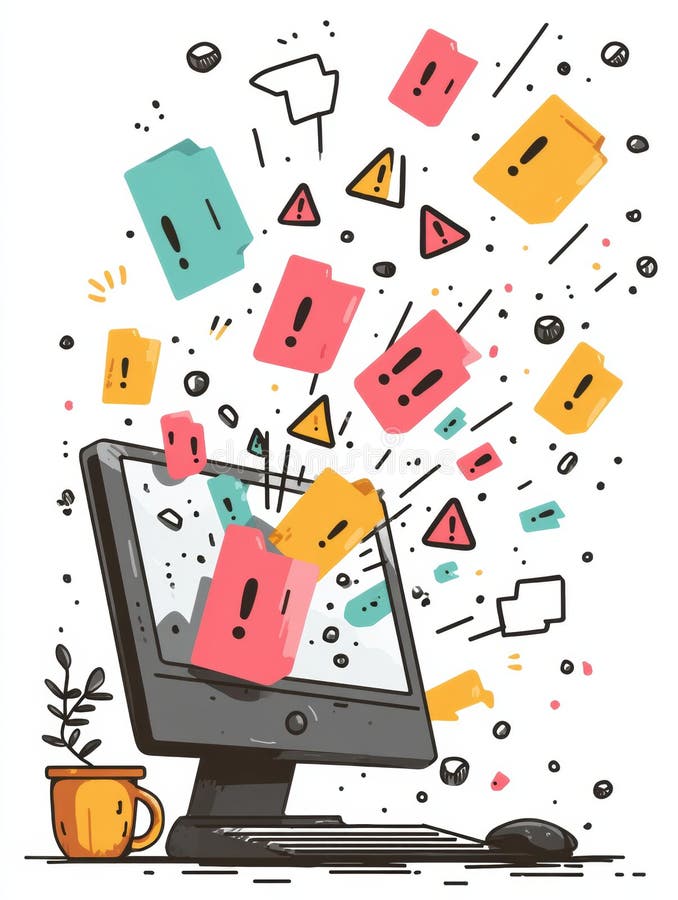 Crashed Computer with Flying Files and Warning Symbols Illustrating ...