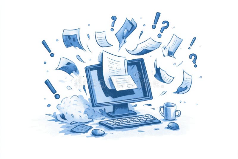 Crashed Computer Surrounded by Flying Files and Exclamation Marks in a ...