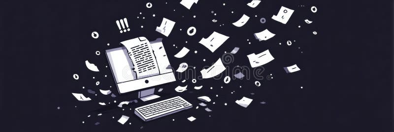 Crashed Computer Surrounded by Flying Files and Warning Signs ...