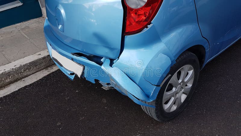 Crashed Damaged Blue Car in the Rigth Back Side Stock Photo - Image of ...
