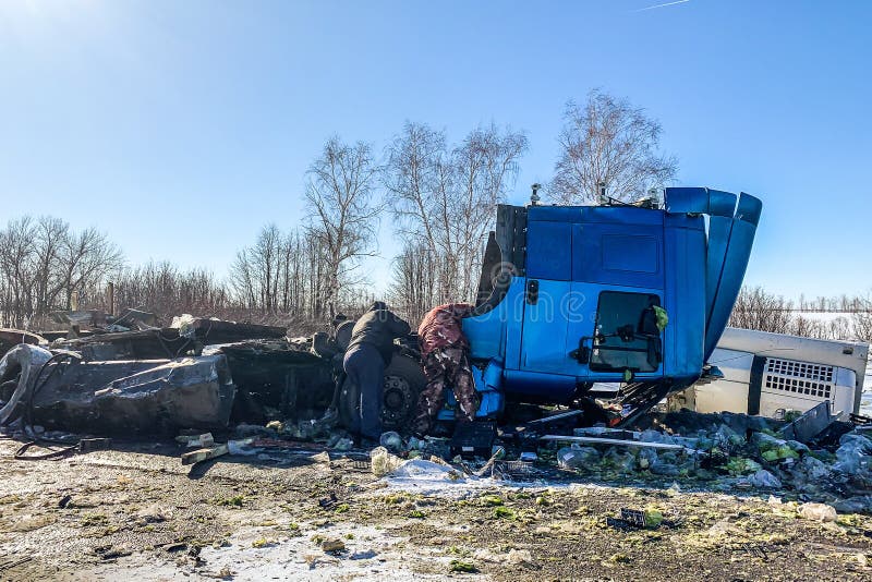 Crashed and Damaged Freight Cargo Truck after Road Accident Stock Photo ...