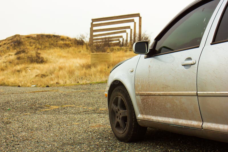 The Crashed Dirty Silver Car on the Road Stock Photo - Image of back ...