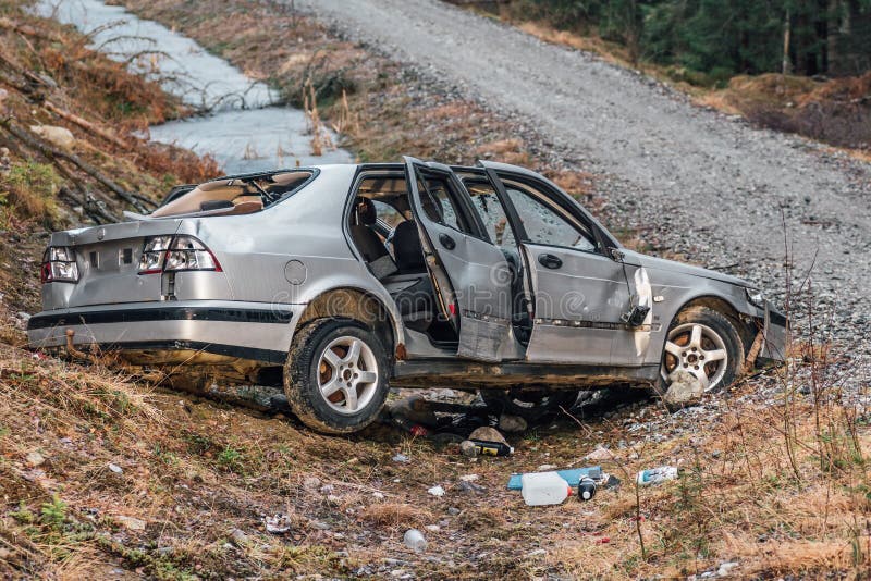 Crashed and ditched car stock photo. Image of silver - 89583044