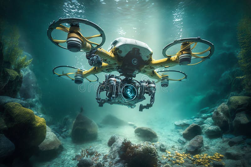 Crashed Drone with Broken Propellers Underwater. Broken Quadcopter Lies ...