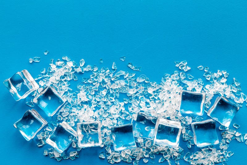 Crashed Ice Cubes on Blue Kitchen Table Top View Mock Up Stock Photo ...
