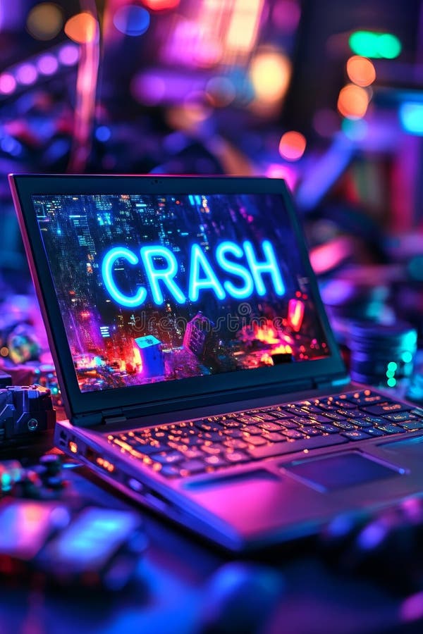 Crashed Laptop on Desk with Glowing Neon Text CRASH on it S Display ...