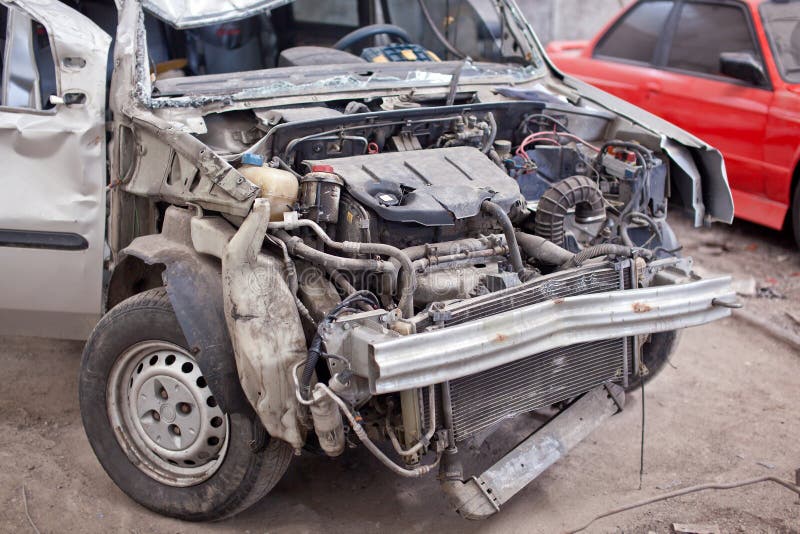 Crashed Silver Car with Broken Roof, Front View Stock Photo - Image of ...
