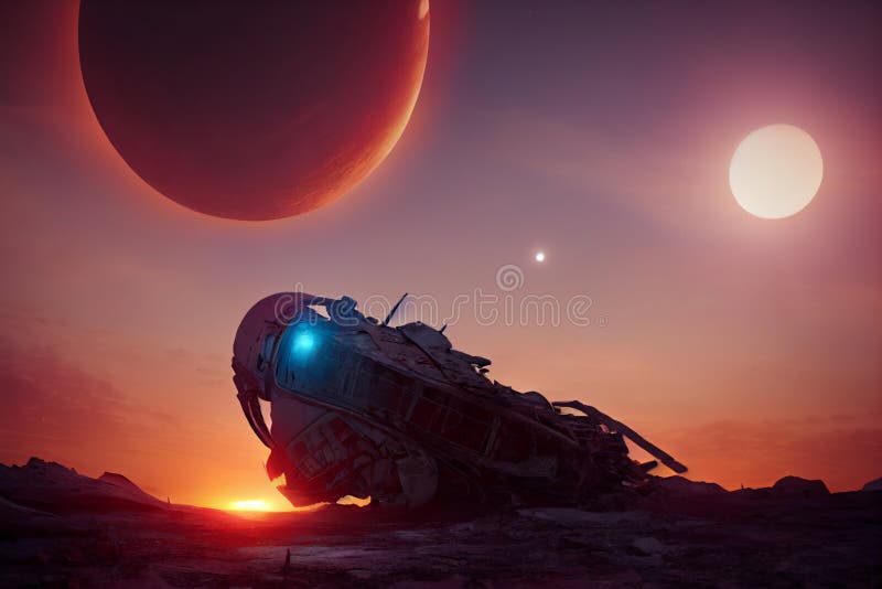 Crashed Spaceship on an Alien Planet with Moons in the Background Stock ...