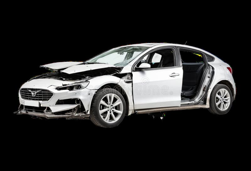Crashed White Sedan with Open Door and Visible Damage on a Transparent ...