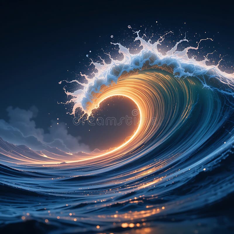 Crashing Ocean Wave Illuminated with Golden Light Energy Creates ...