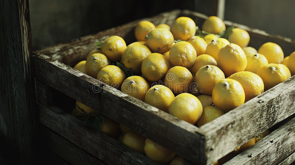 Crate of Lemons, Realistic, Cinematic Light, Sharp Focus. Stock Image ...