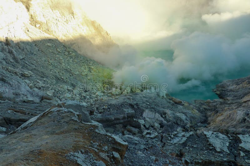 Crater of Volcano Ijen at Sunrise Time. Java Stock Photo - Image of ...