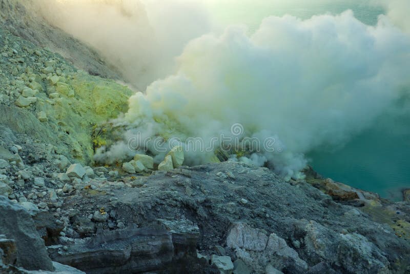 Crater of Volcano Ijen at Sunrise Time. Java Stock Image - Image of ...
