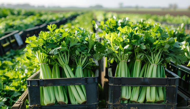 Crates Full of Fresh Celery on Vegetable Field. Celery Harvesting Stock ...