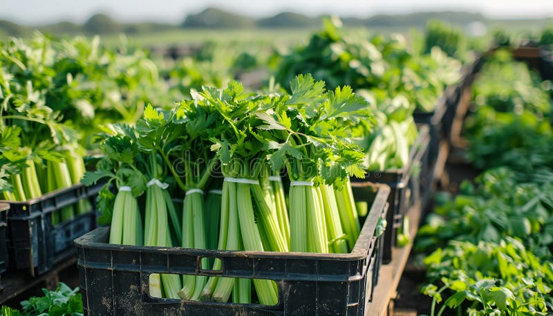 Crates Full of Fresh Celery on Vegetable Field. Celery Harvesting Stock ...