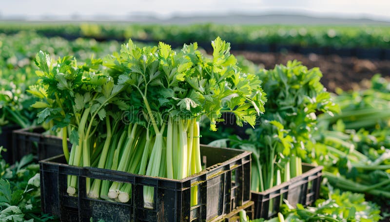 Crates Full of Fresh Celery on Vegetable Field. Celery Harvesting Stock ...