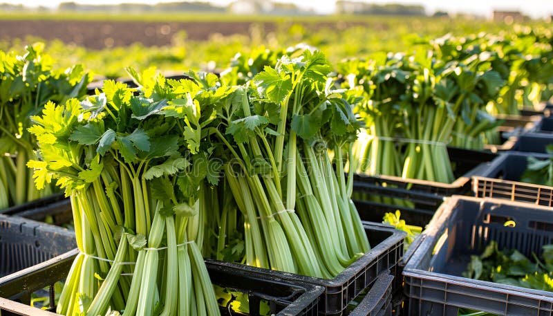 Crates Full of Fresh Celery on Vegetable Field. Celery Harvesting Stock ...