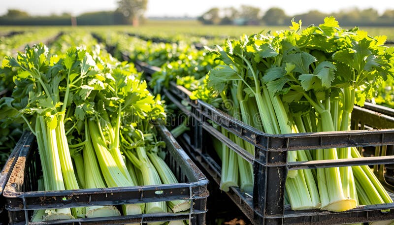Crates Full of Fresh Celery on Vegetable Field. Celery Harvesting Stock ...