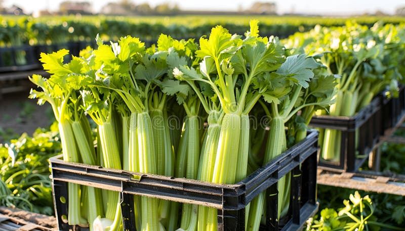 Crates Full of Fresh Celery on Vegetable Field. Celery Harvesting Stock ...