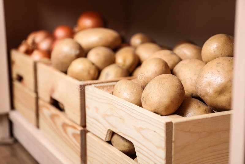 Crates with Potatoes on Shelf. Orderly Storage Stock Image - Image of ...