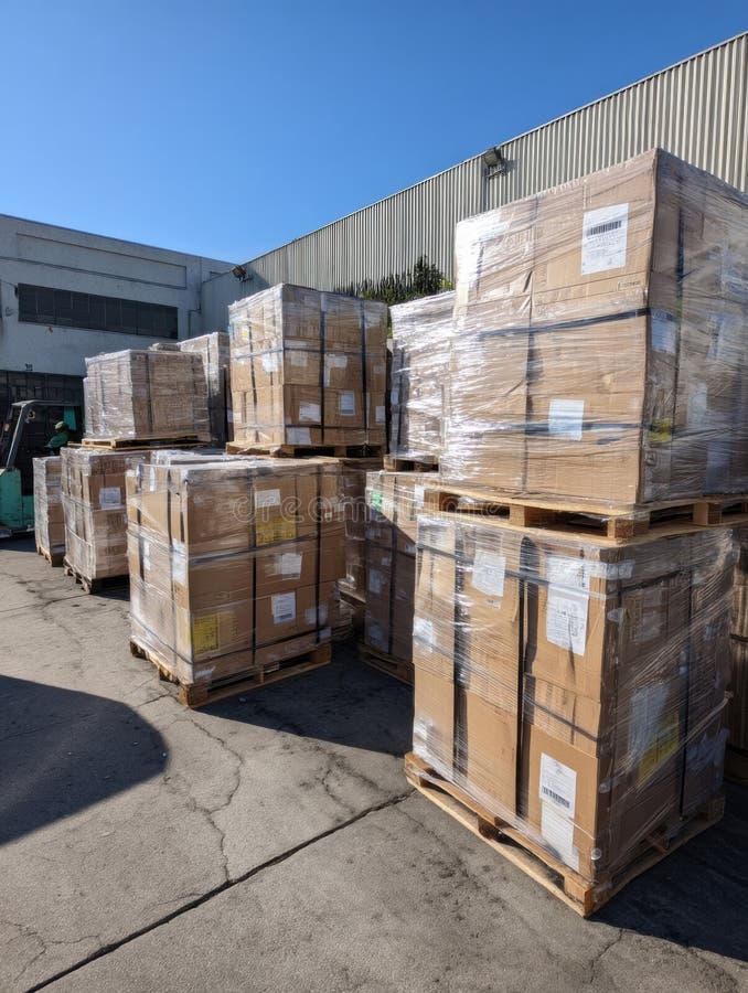 Crates of Tile Adhesive Shrink-Wrapped and Stored Under a Clear Blue ...