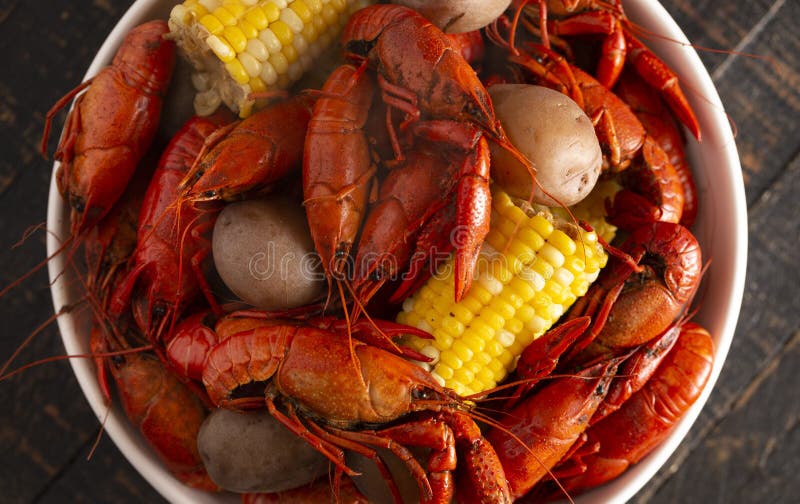 A Crawfish Boil with Corn on the Cob and Potatoes Stock Image - Image ...