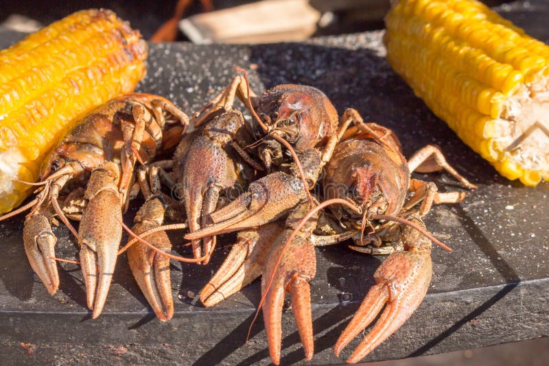 Crawfish and Corn Close-up. Boiled Crayfish and Grilled Corn a Stock ...