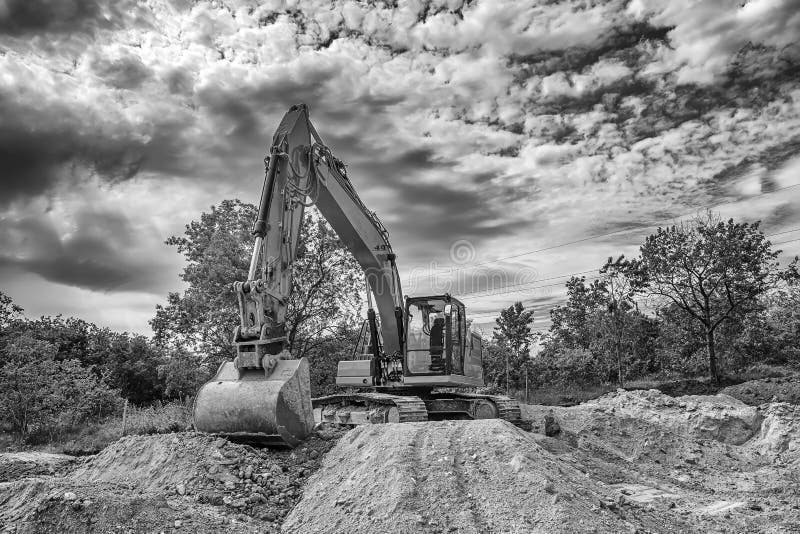 Earthmoving Works on Construction Site in Black and White Stock Photo ...
