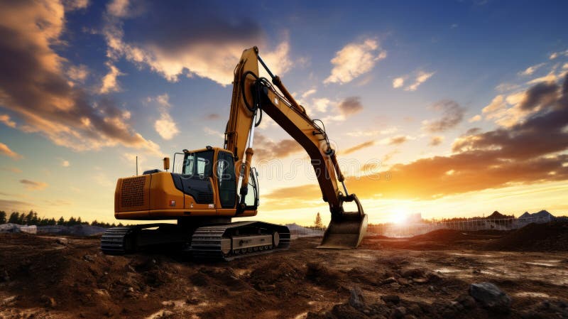 Crawler Excavator during Earthwork on Construction Site at Sunset ...