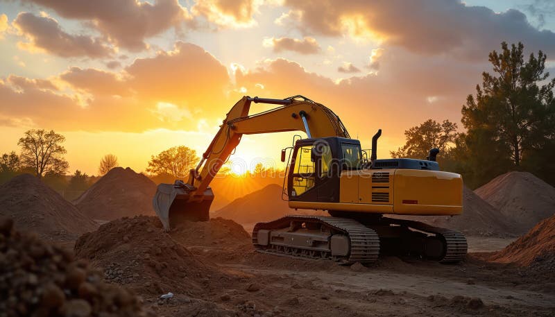 Crawler Excavator Performs Earthwork on Construction Site at Sunset ...
