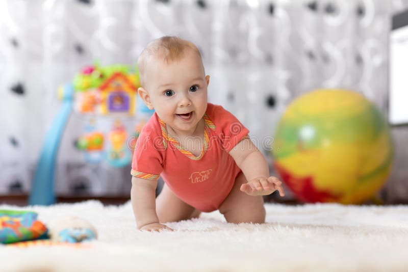 Crawling Baby Boy at Home on Floor Stock Image - Image of healthy ...