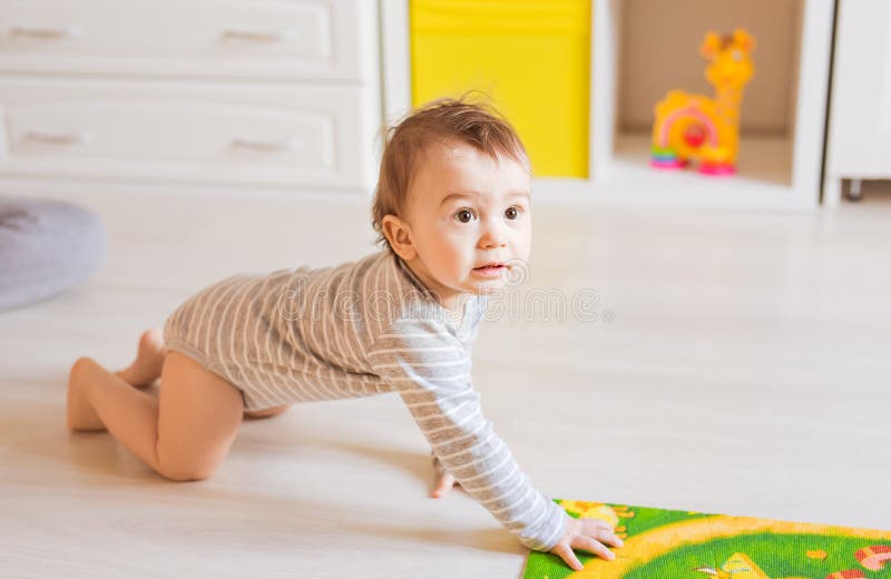 Crawling Funny Baby Boy Indoors at Home Stock Image - Image of ...