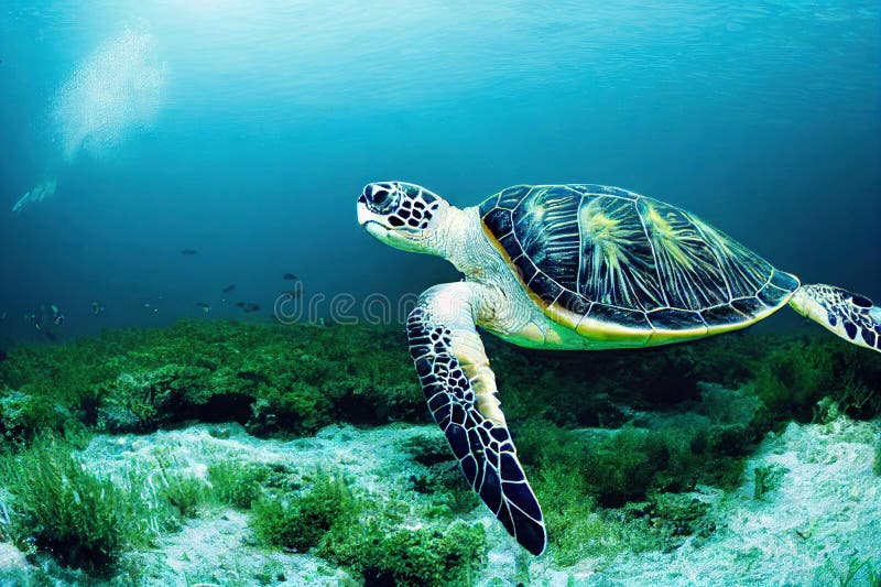 Crawling on Rocks among Coral Reefs Sea Turtle Nature. Stock ...