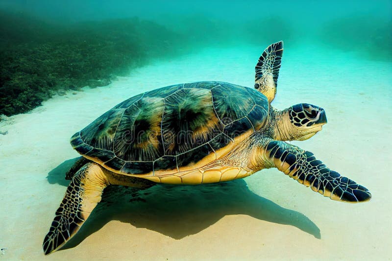 Crawling on Sandy Bottom Sea Turtle in Ocean Current Stock Illustration ...