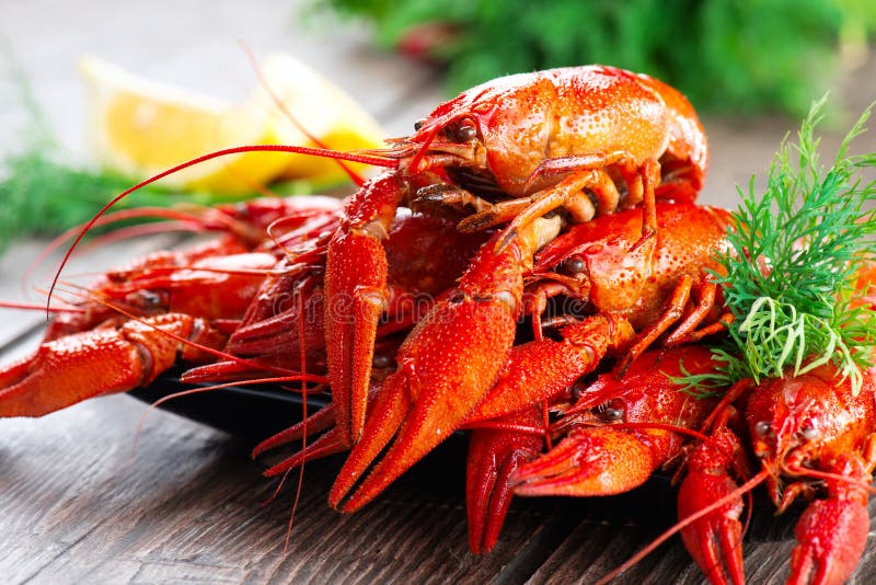 Crayfish. Red Boiled Crawfish on a Wooden Table Stock Photo - Image of ...