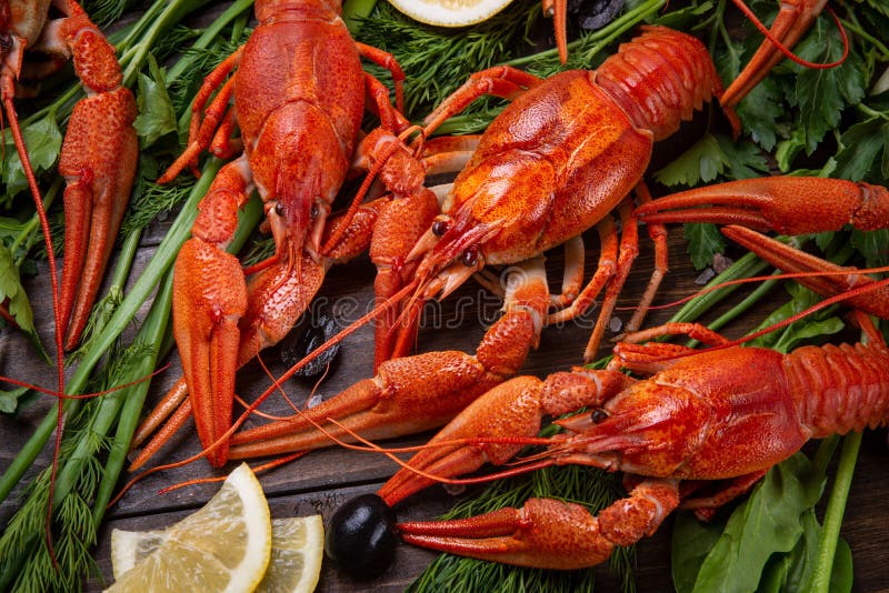 Crayfish. Red Boiled Crawfishes on Table in Rustic Style, Closeup ...