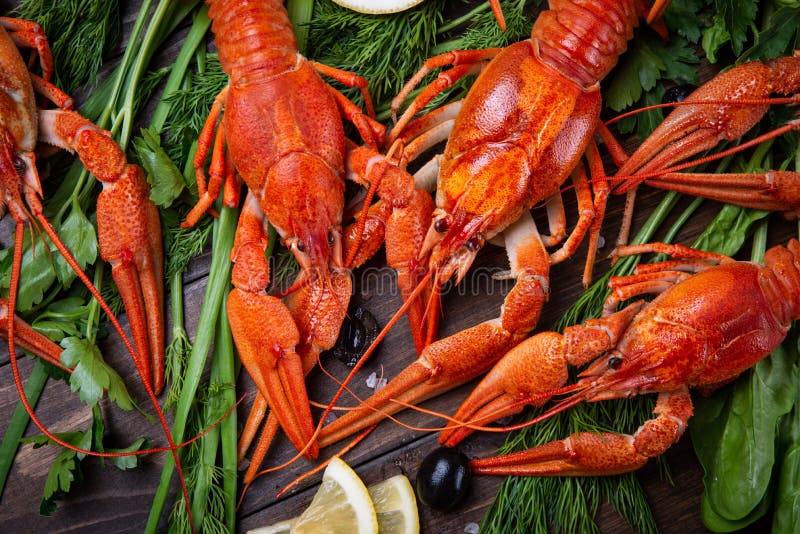 Crayfish. Red Boiled Crawfishes on Table in Rustic Style, Closeup ...